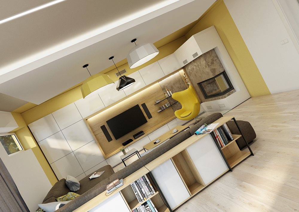 Návrh obývacího pokoje v kombinaci se žlutou | AŤÁK DESIGN